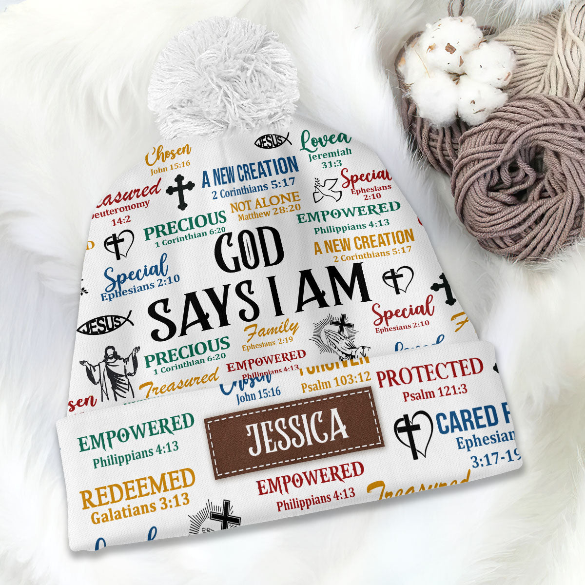 God Says I Am | Personalized Bobble Beanie Hat – Jesuspirit